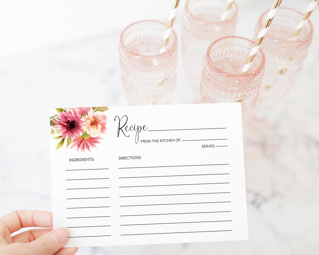 Floral Recipe Card Template: Pink Dahlia Design (DIY Editable, Instant ...
