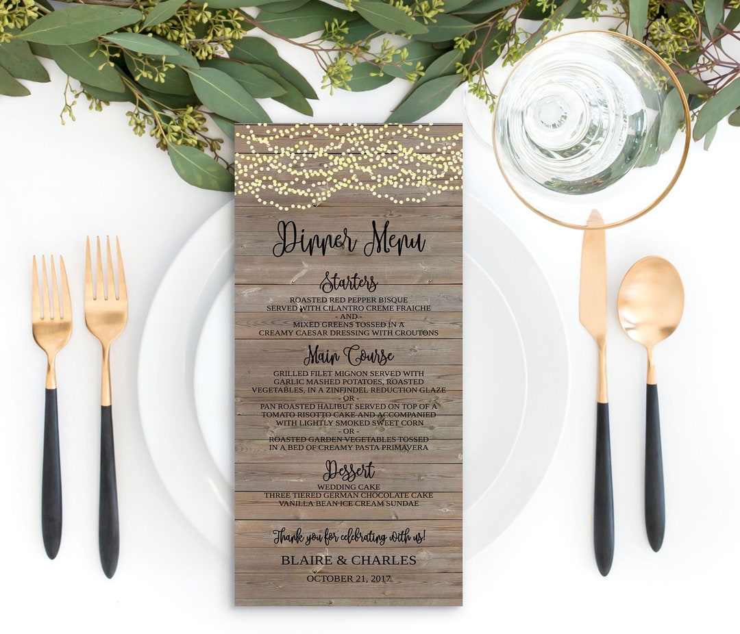 Rustic Wedding Menu Template: Wood & Lights (4x9", Printable) - Etsy