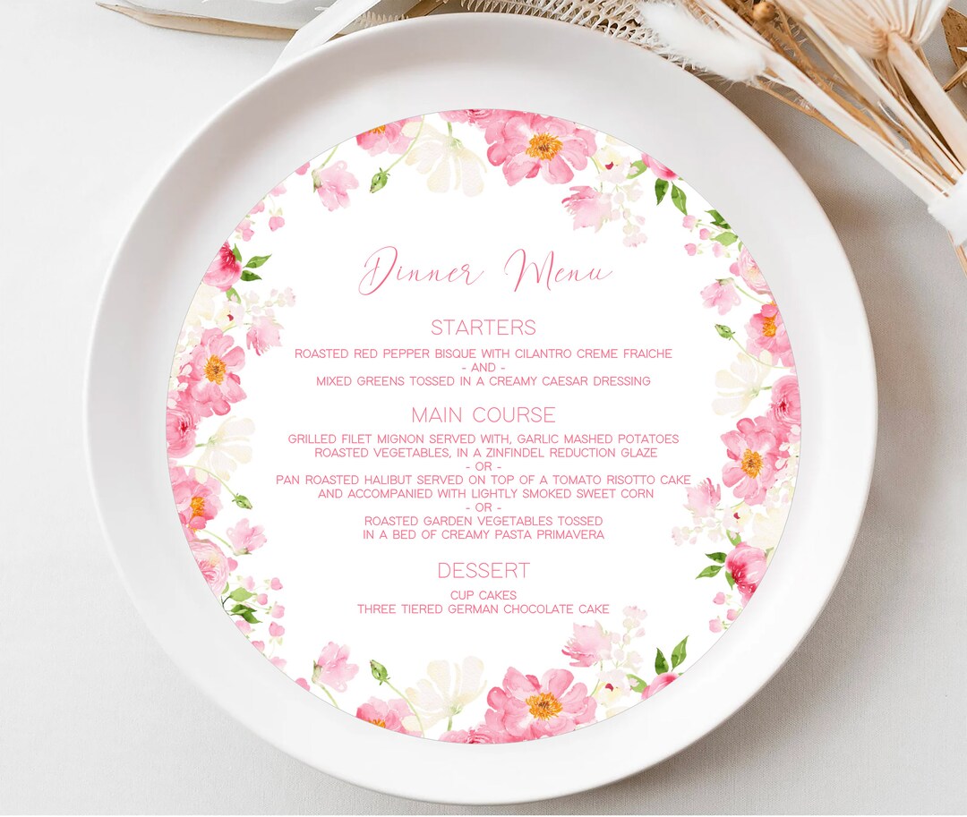 Round Dinner Menu Template, 8" Round Wedding Menu, Printable Bright ...