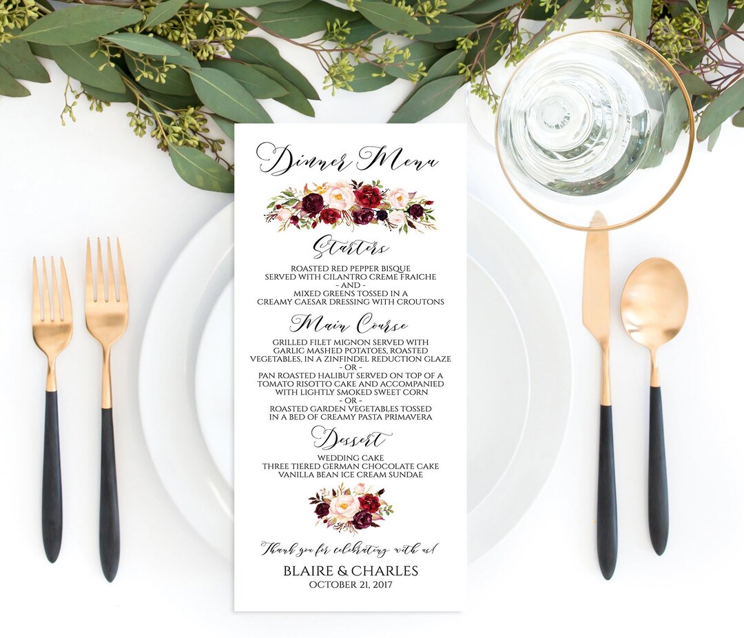 Printable Wedding Dinner Menu Template, Marsala Wedding Dinner Menu ...