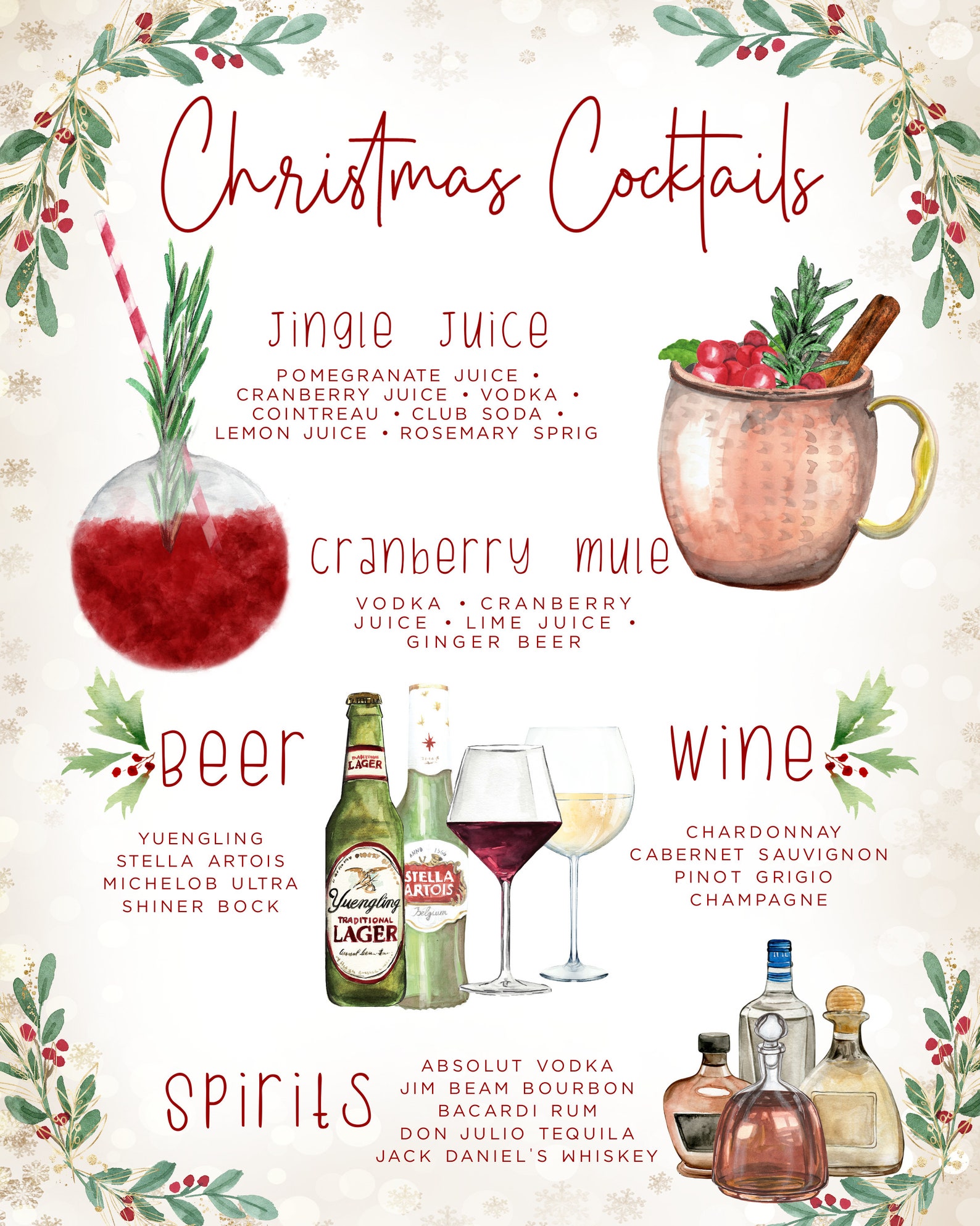 Holiday Party Drink Sign Christmas Bar Menu Template Pine | Etsy