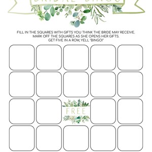 Printable Eucalyptus Bridal Shower Bingo Card Template, Personalized ...