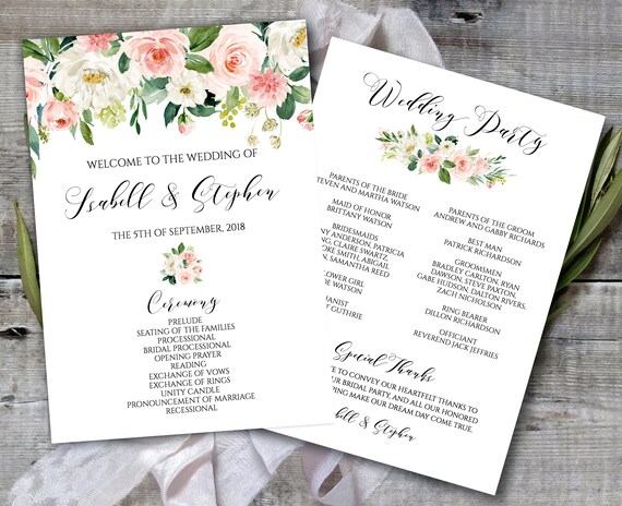 Printable Blush Pink Floral Greenery Wedding Program Template - Etsy