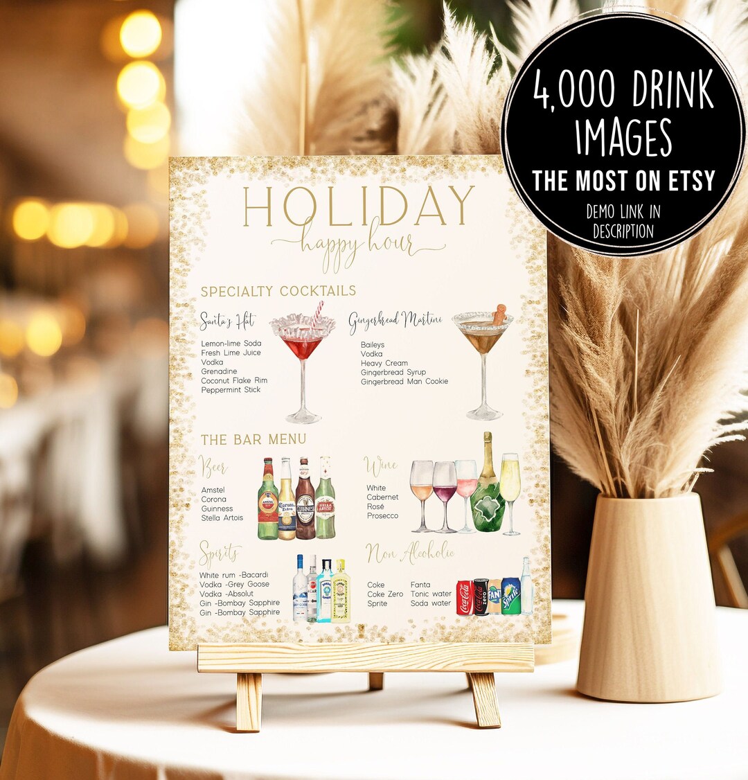 Holiday Happy Hour Drink Sign, Christmas Party Drinks Sign, Gold ...