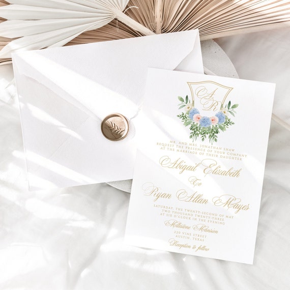Monogram Wedding Invitation Template, Blue Hydrangea Pink Gold Floral ...