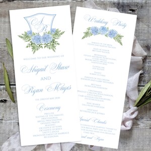 Blue Hydrangea Wedding Program Template, Classic Monogram Crest ...