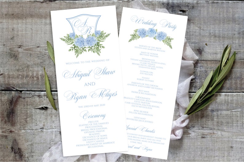 Blue Hydrangea Wedding Program Template Classic Monogram - Etsy