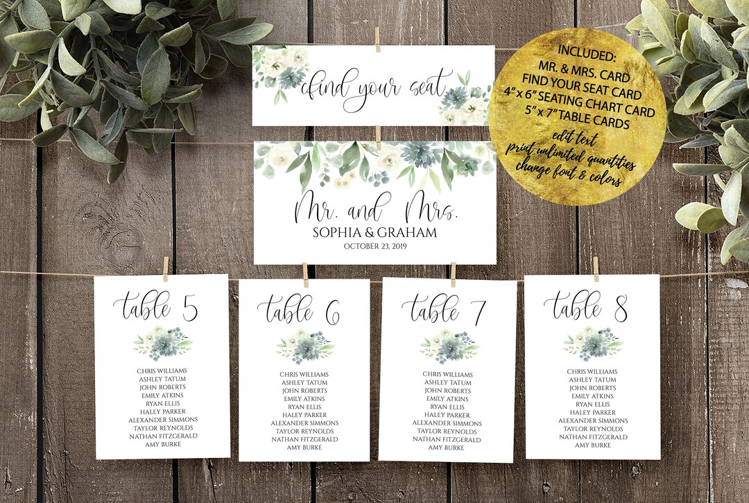 Succulent Wedding Seating Chart Cards: Dusty Blue Floral (instant ...