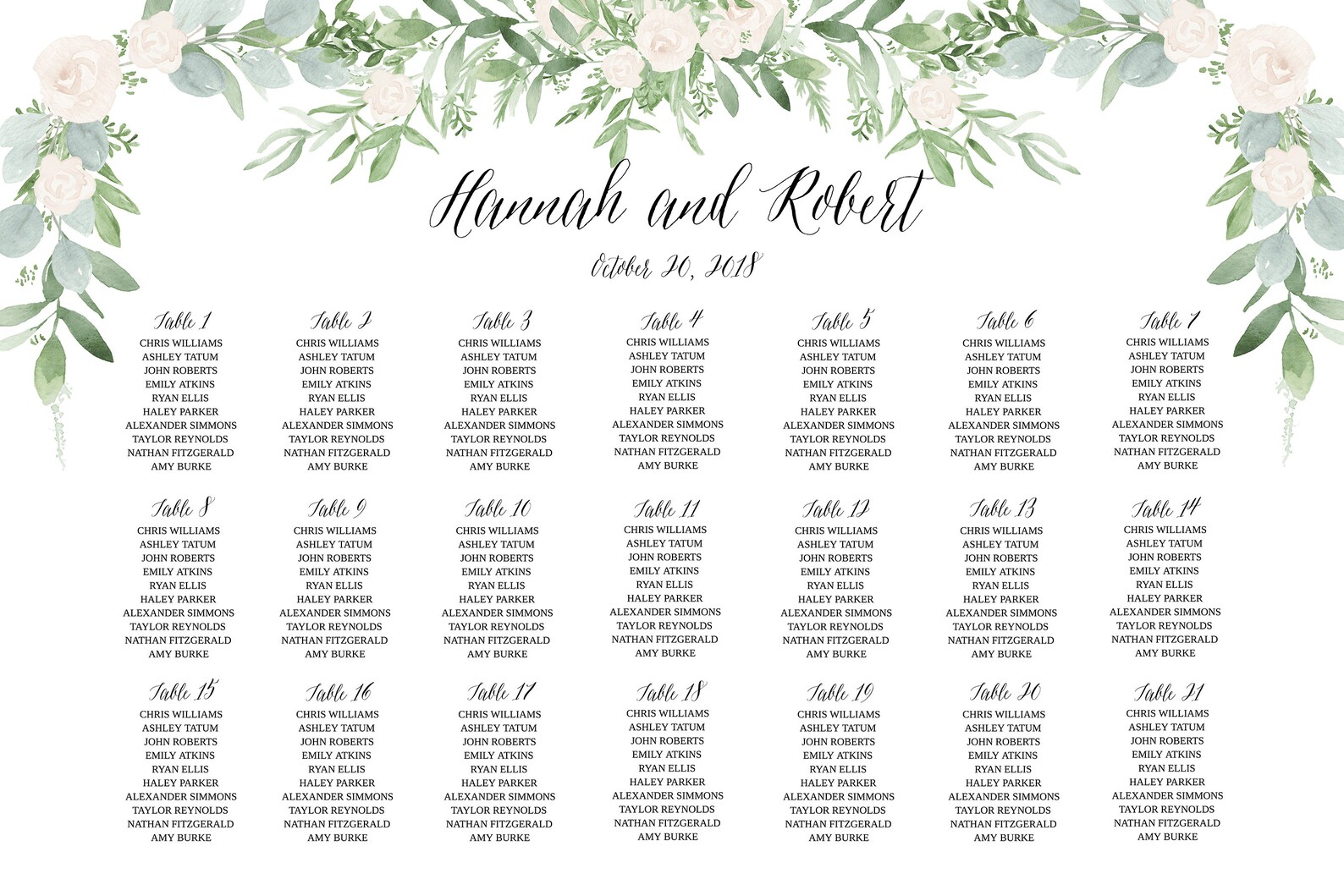 Greenery Seating Chart Template Printable Seating Chart - Etsy