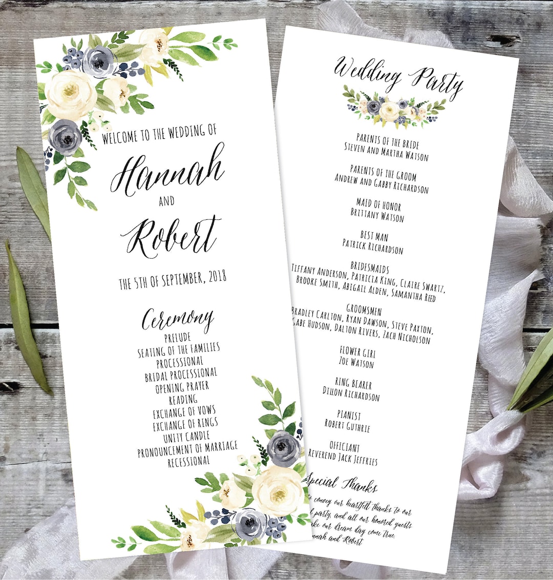 PRINTABLE Wedding Program 4x9, Wedding Program Template, Dusty Blue Wedding Program, Rustic ...