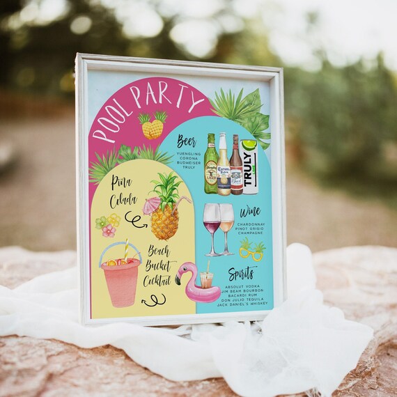 Pool Party Bar Menu Template, Summer Party Drink Menu, Tropical Beach ...