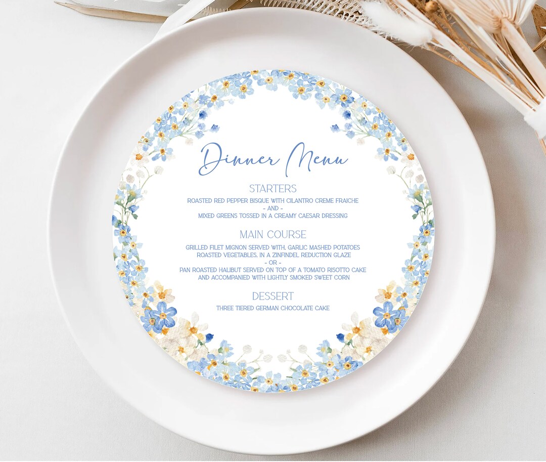 Something Blue Round Dinner Menu Template, 8" Round Wildflower Menu ...