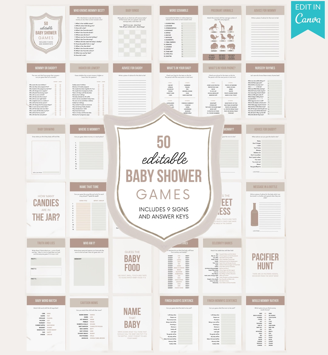 Gender Neutral Baby Shower Games Bundle | 50 Editable Baby Shower Games ...