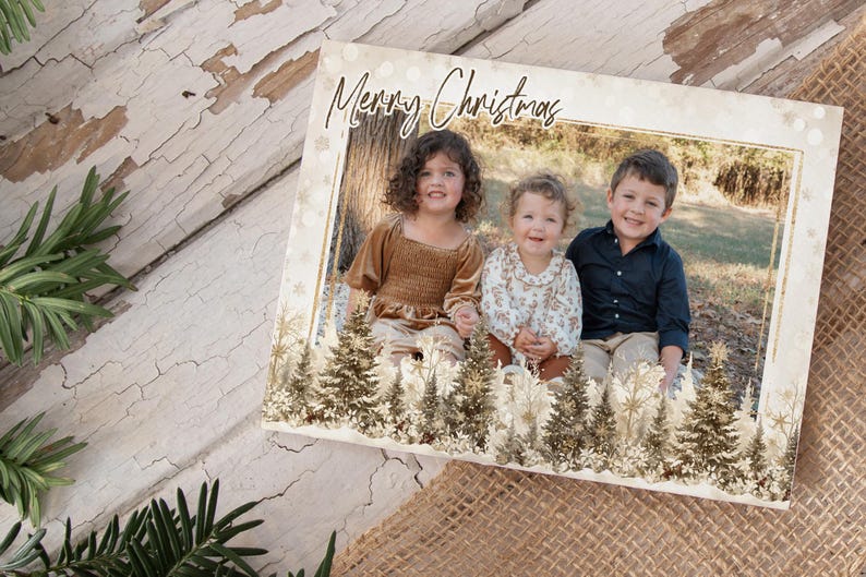 Rustic Christmas Photo Card Template • Neutral Holiday Card With Snowy ...