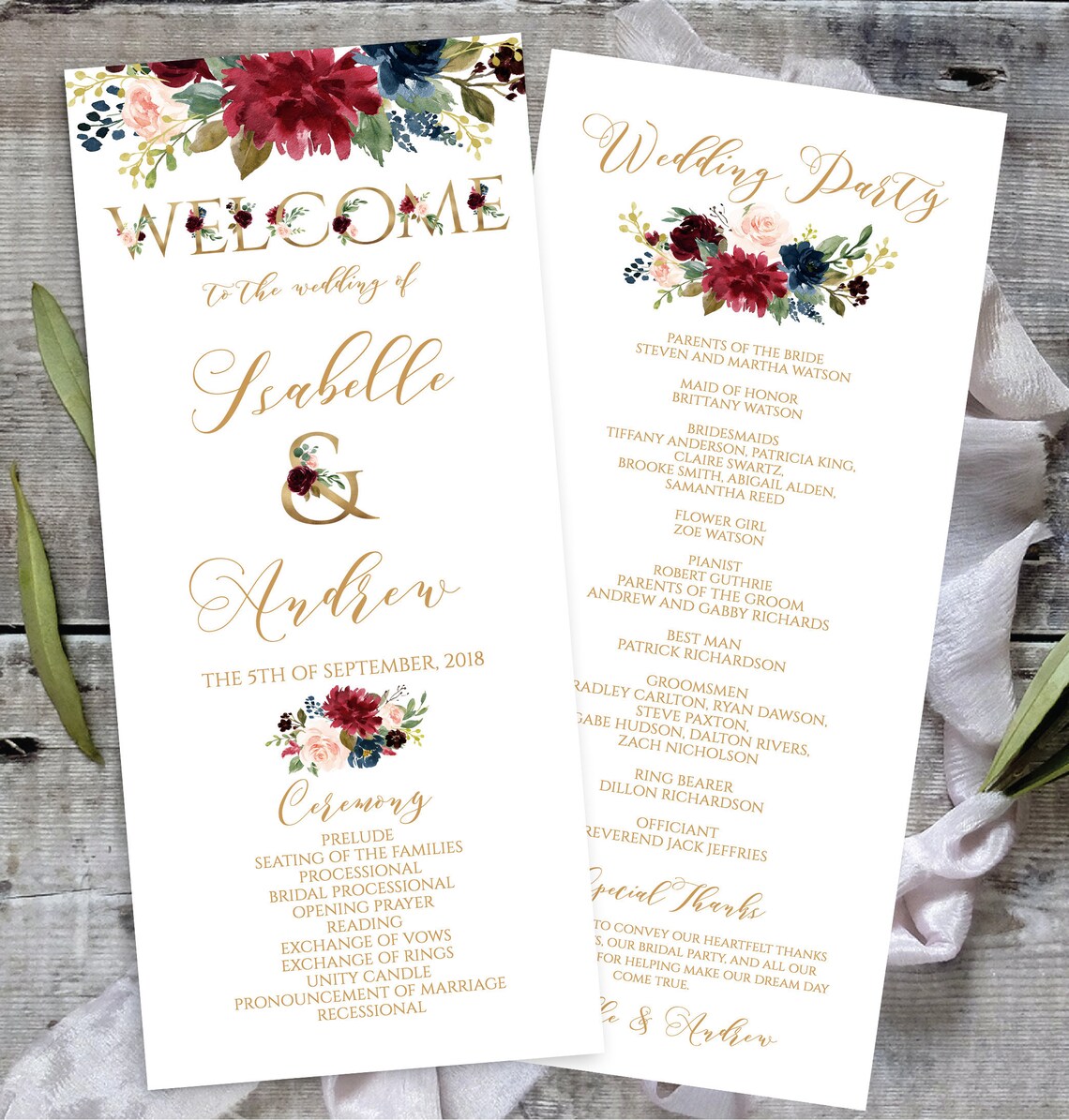 Printable Wedding Program Template Marsala Burgundy Gold | Etsy