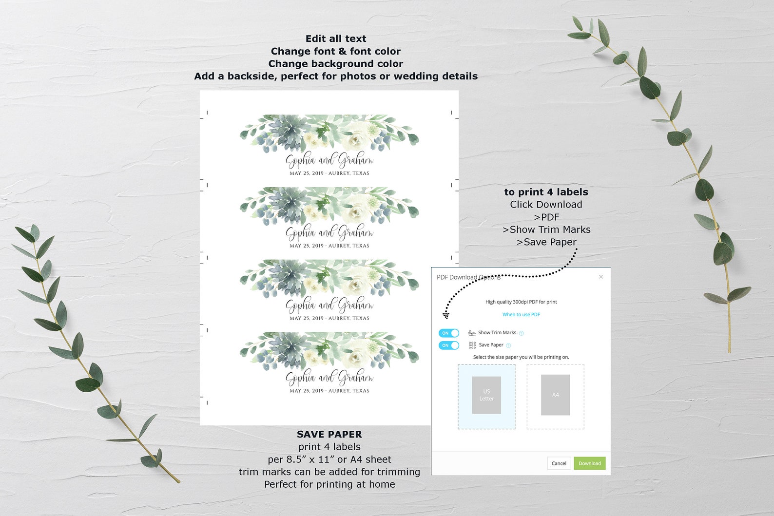 Succulent Water Bottle Label Printable Dusty Blue Water - Etsy