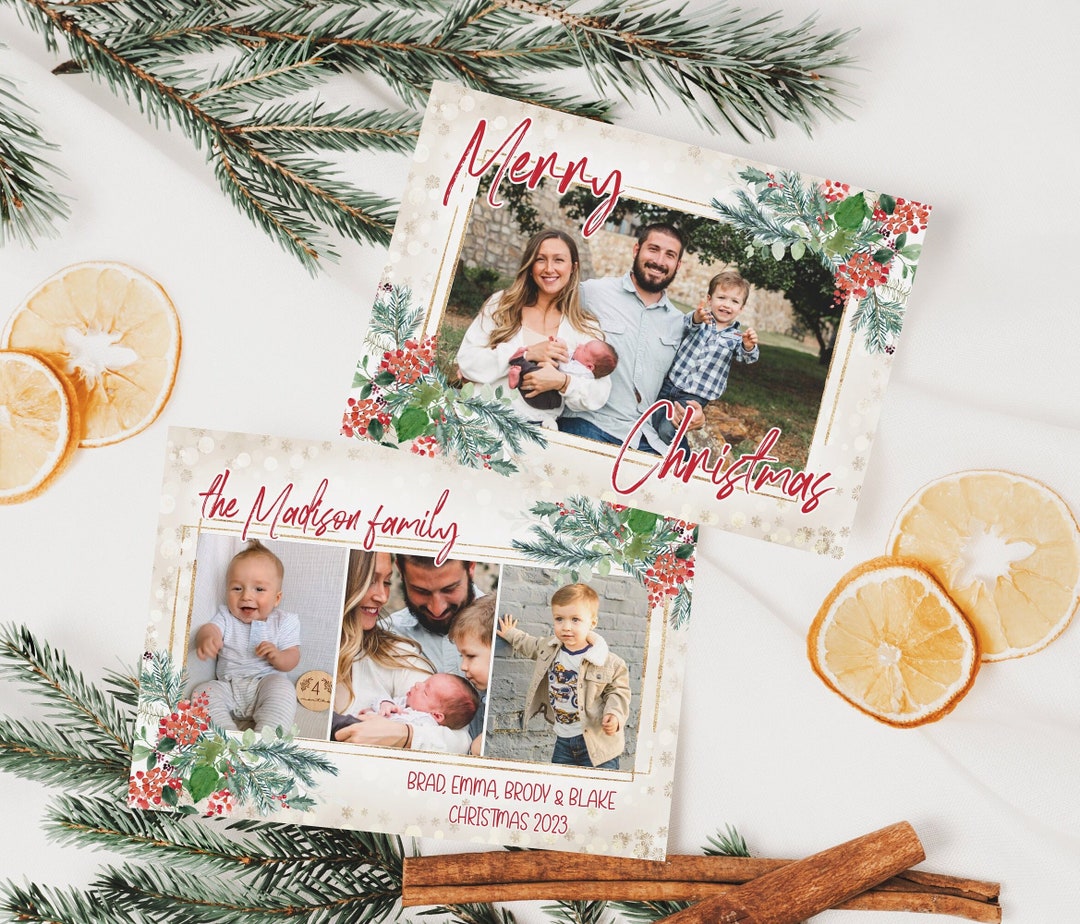 Rustic Photo Christmas Card Template, Printable Holiday Card, Pine Cone ...
