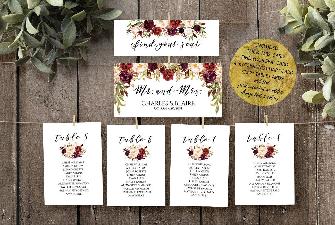 Wedding Seating Chart Cards Template Printable Wedding - Etsy