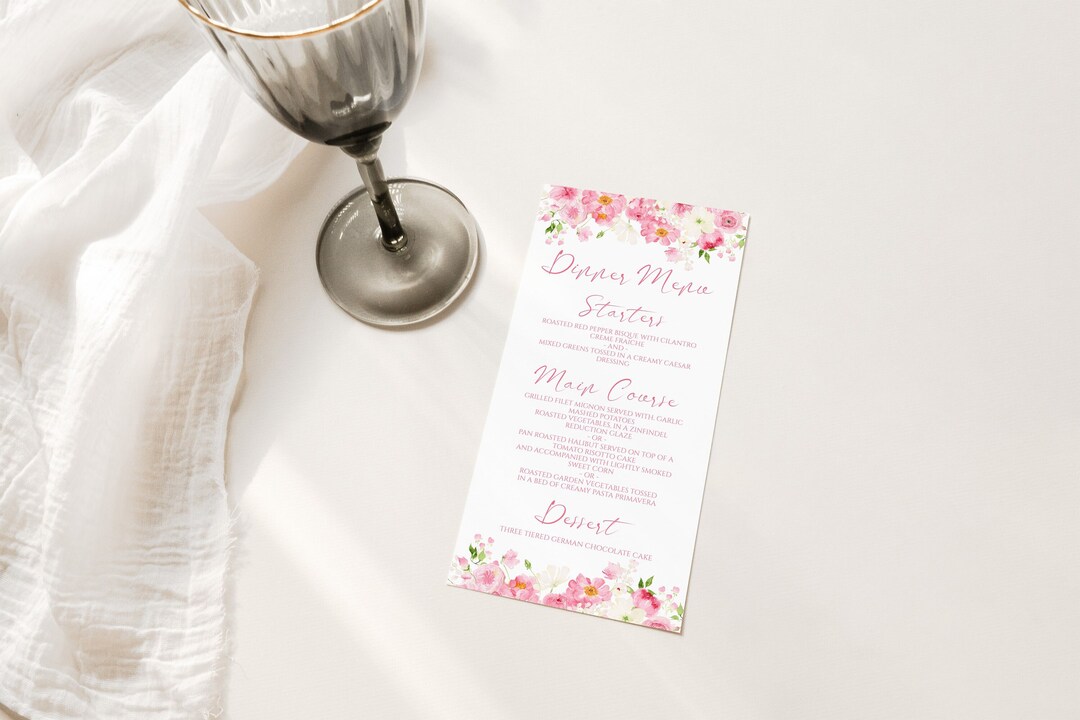 Bright Pink Floral Dinner Menu Printable Template, Editable Wedding ...