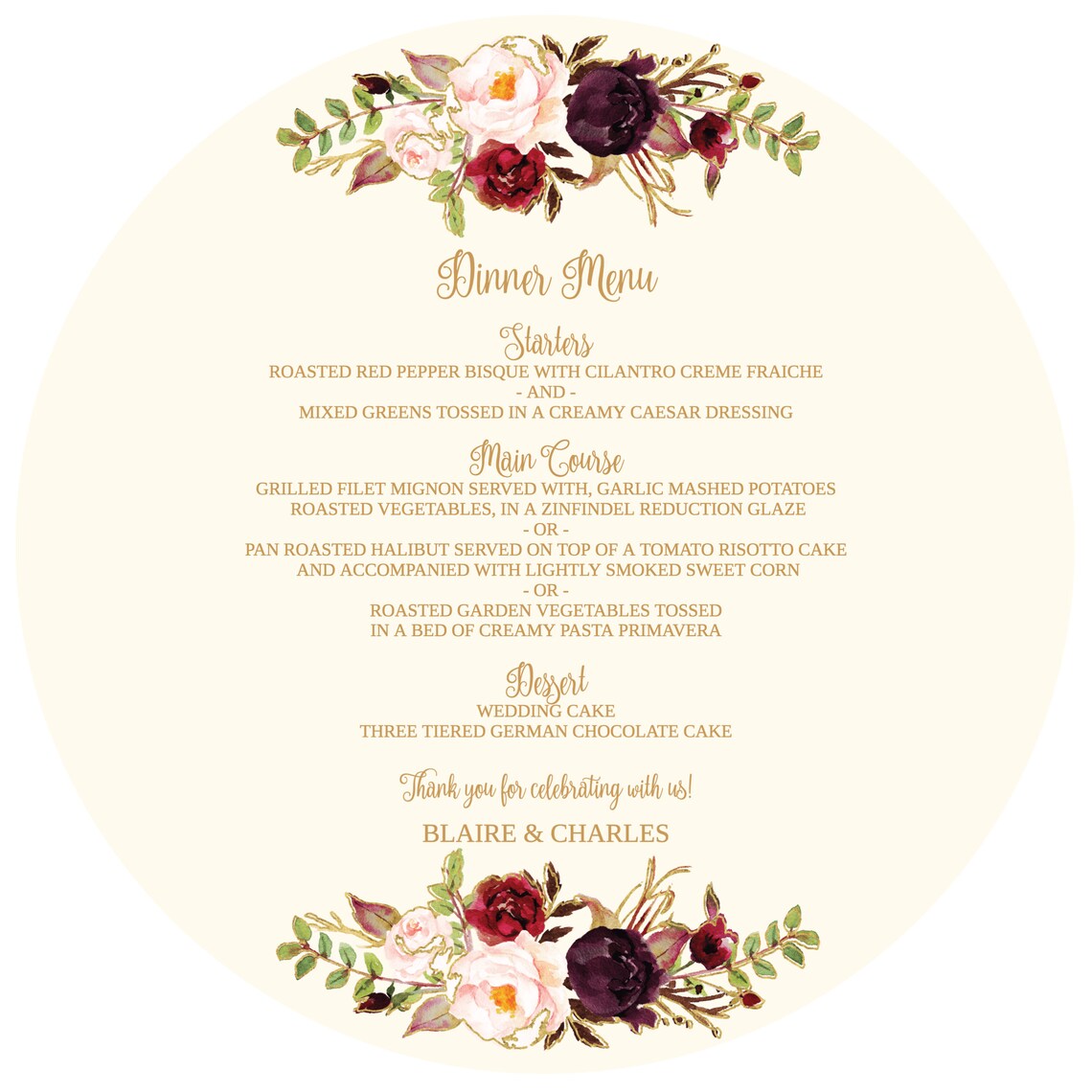 Round Dinner Menu Template Printable Round Wedding Dinner - Etsy