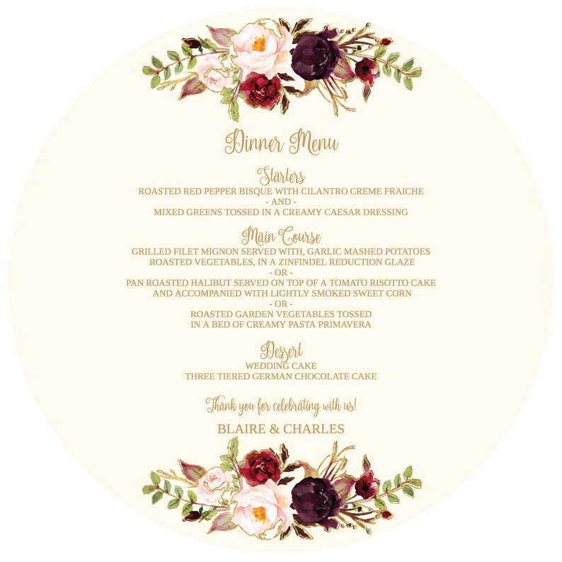 Round Dinner Menu Template Printable Round Wedding Dinner - Etsy