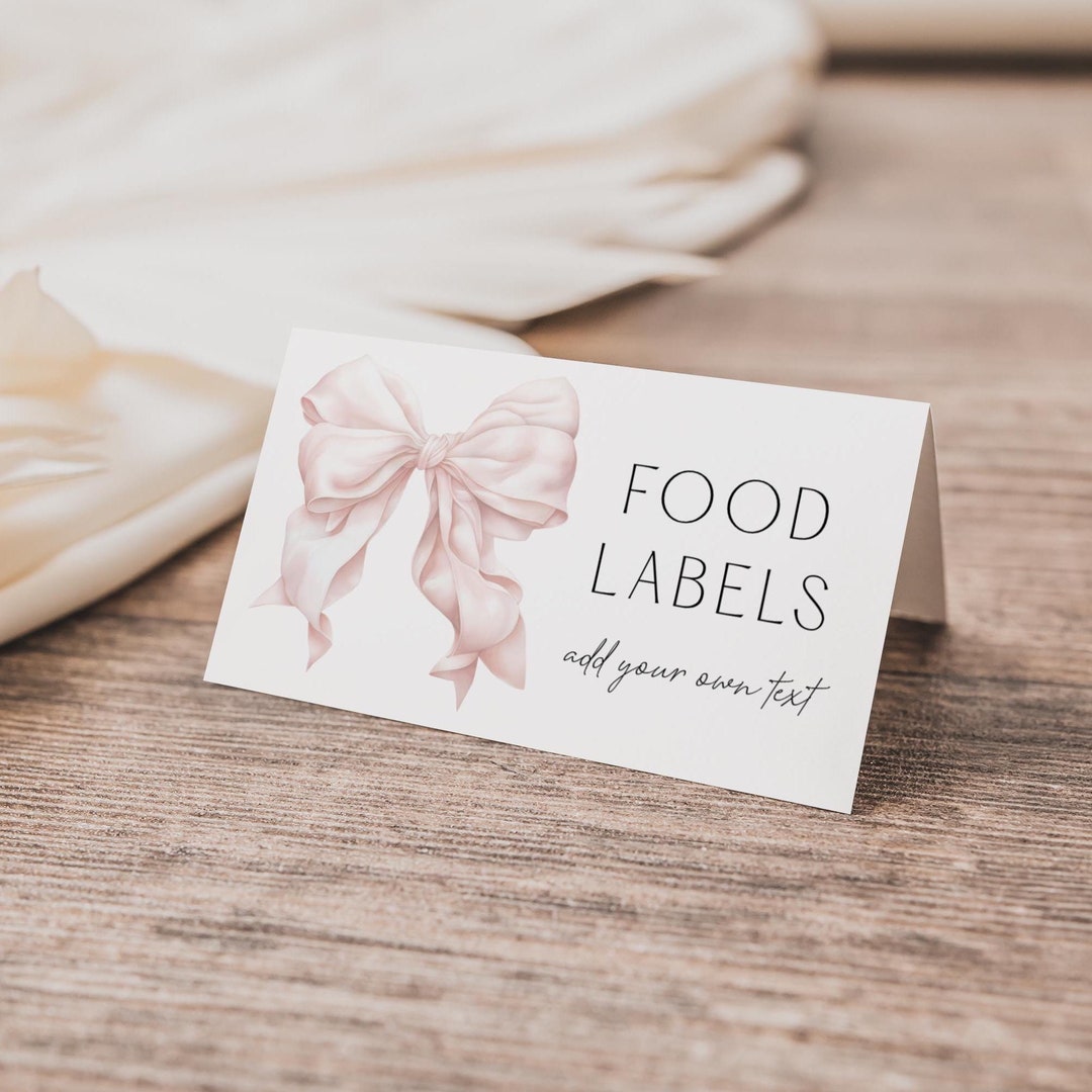 Pink Bow Food Label Card Template, Place Card Template, Bright Pink ...