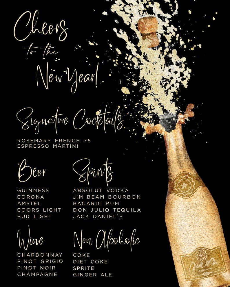 New Year's Eve Bar Menu Template: Glitter Lights Cocktail Sign (digital ...