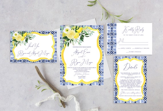 Italian Wedding Invitation with Lemons and Ceramic Tiles, Amalfi Coast ...