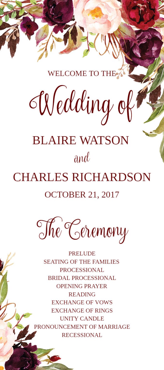 Wedding Program Template Printable / Editable 4x9 Fall | Etsy