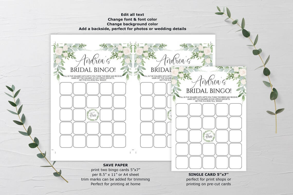 Printable Eucalyptus Bridal Shower Bingo Card Template - Etsy