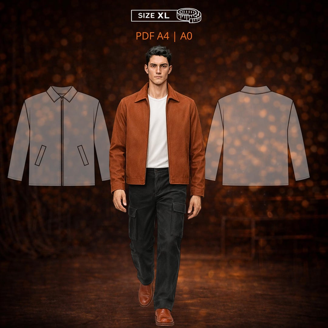 Mens Sewing Pattern 6006 | Casual Jacket With Front Zip and Slanted ...
