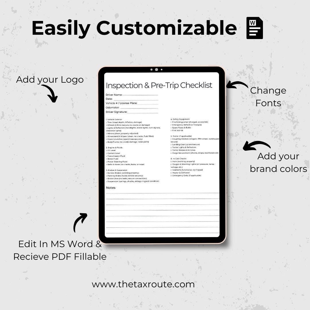Truck Driver Inspection Checklist Pre and Post Trip Log Editable PDF ...
