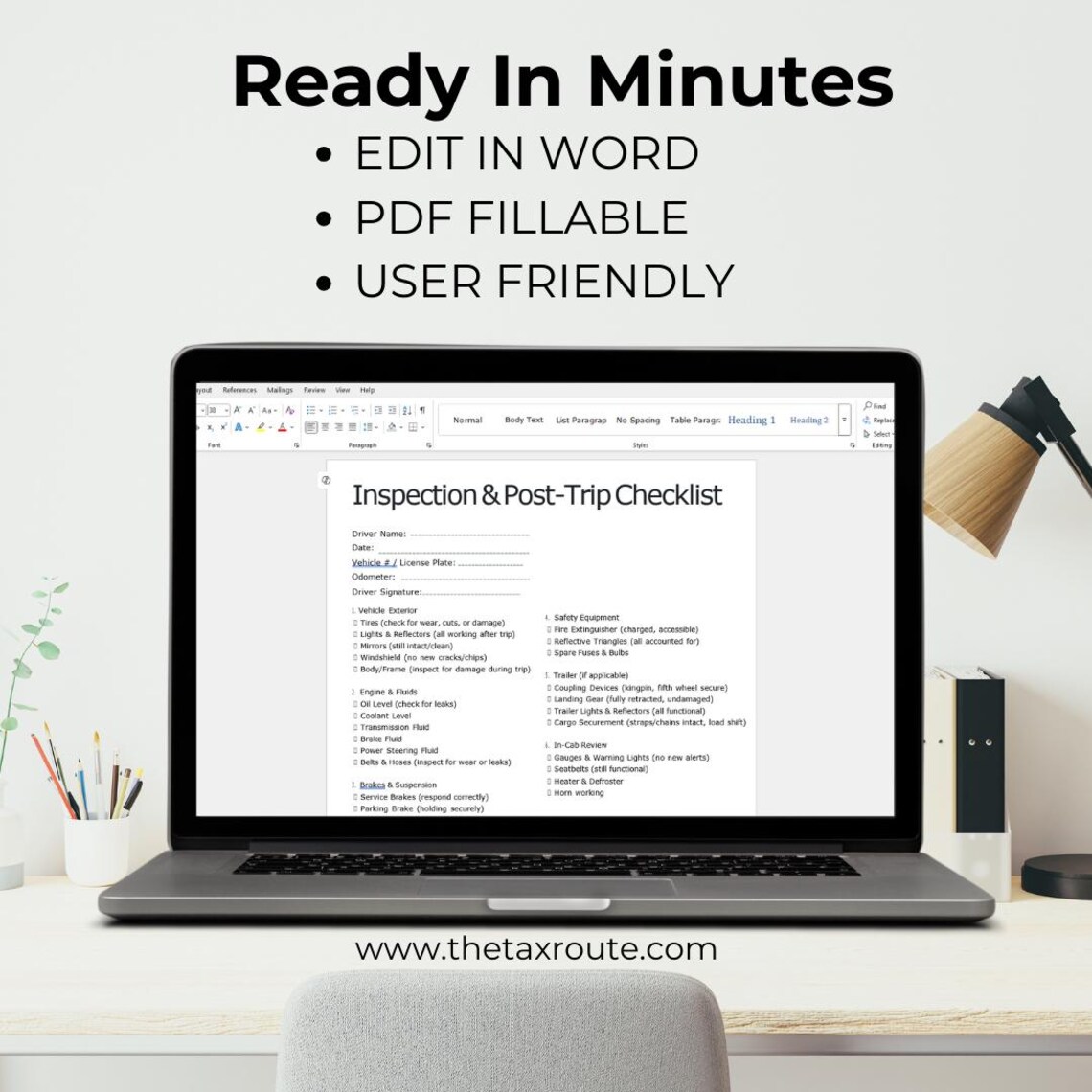 Truck Driver Inspection Checklist Pre and Post Trip Log Editable PDF ...