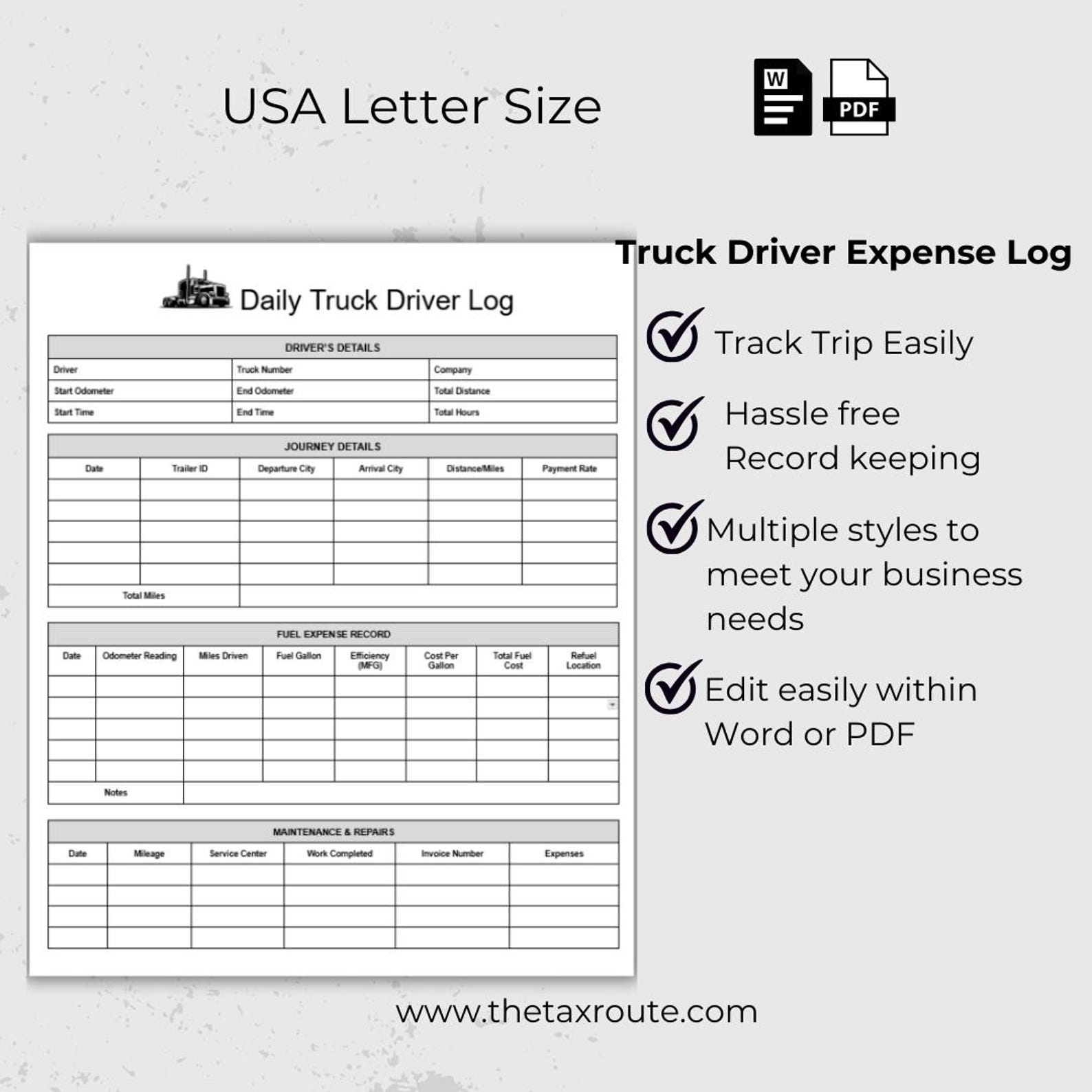 Truck Driver Log Template: Fuel & Expense Tracker, Journey Logbook Word ...