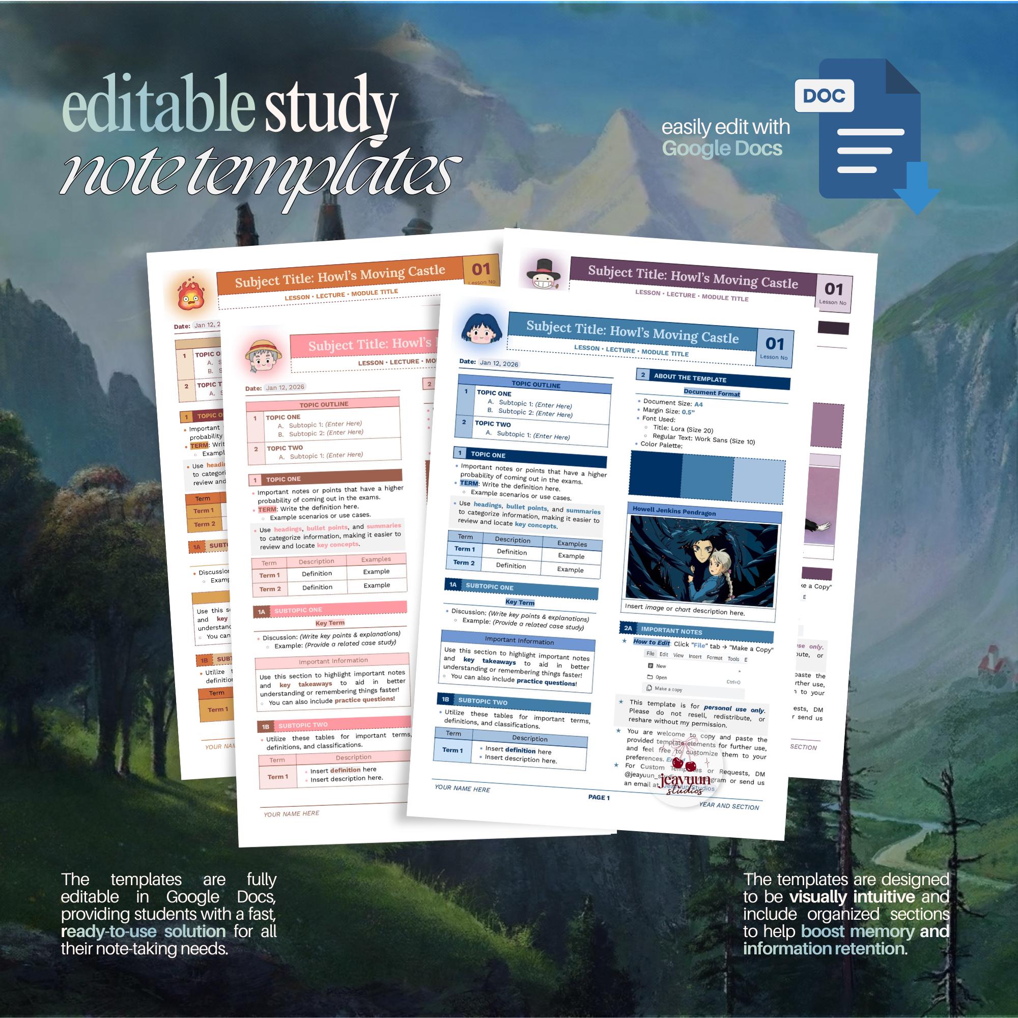 Howl's Moving Castle Study Notes Template | Editable Google Docs ...