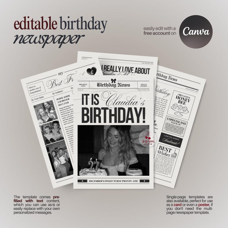 Personalized Birthday Newspaper Template | Vintage Coquette Birthday ...