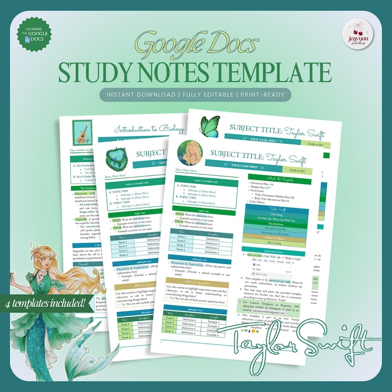 Printable Study Notes & Reviewer Template (green Butterfly) | Editable ...