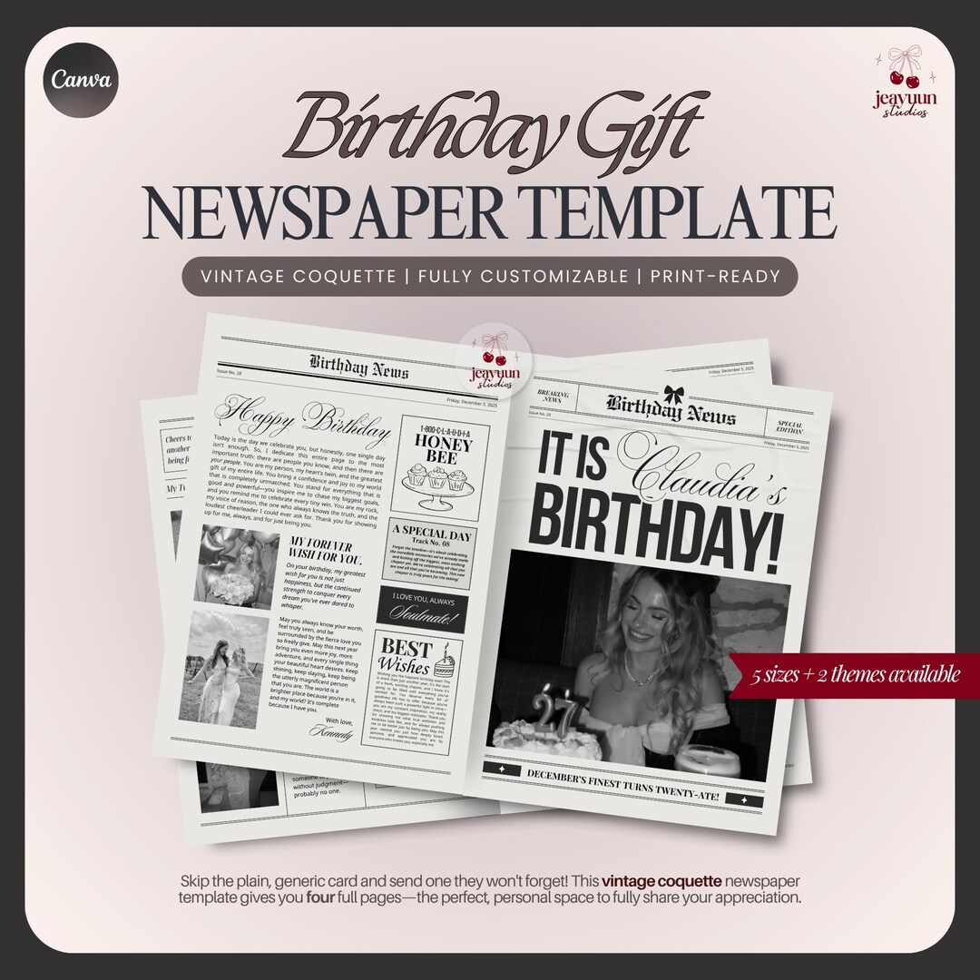 Personalized Birthday Newspaper Template | Vintage Coquette Birthday ...