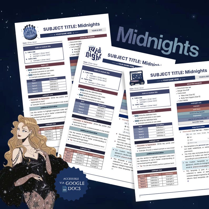 Taylor Swift Midnights Study Notes Template: Google Docs (PDF) - Etsy