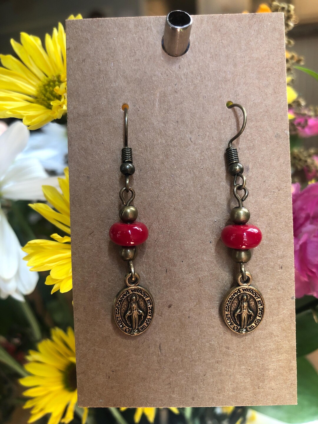 Handmade Bronze Miraculous Medal Dangle Earrings: Catholic Jewelry - Etsy