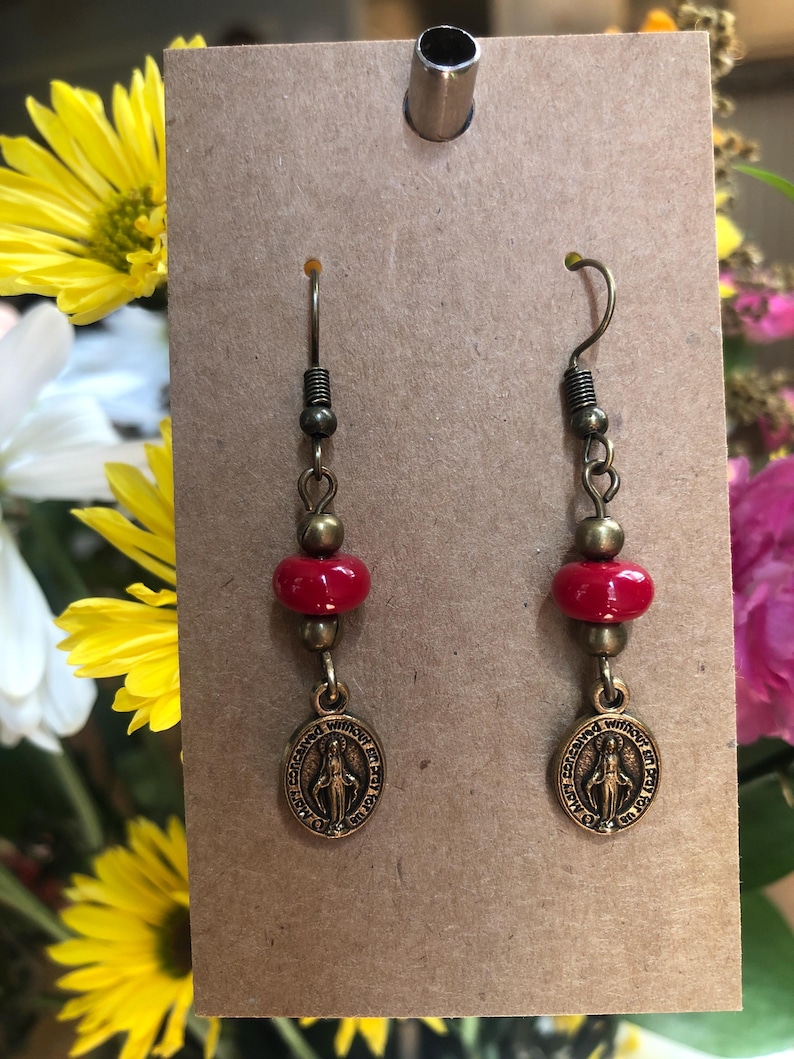 Handmade Bronze Miraculous Medal Dangle Earrings: Catholic Jewelry - Etsy