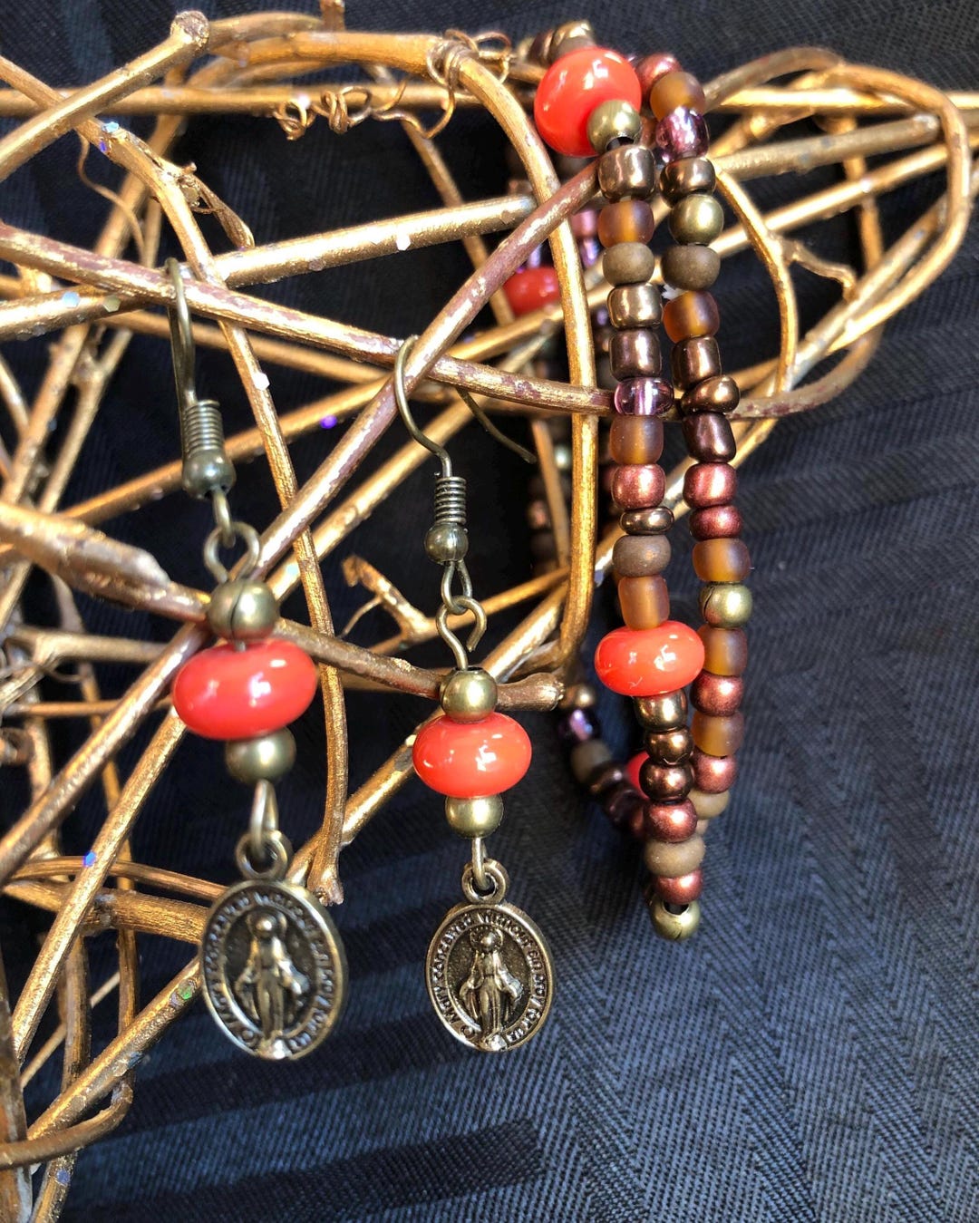 Handmade Bronze Miraculous Medal Dangle Earrings and Bracelet ...