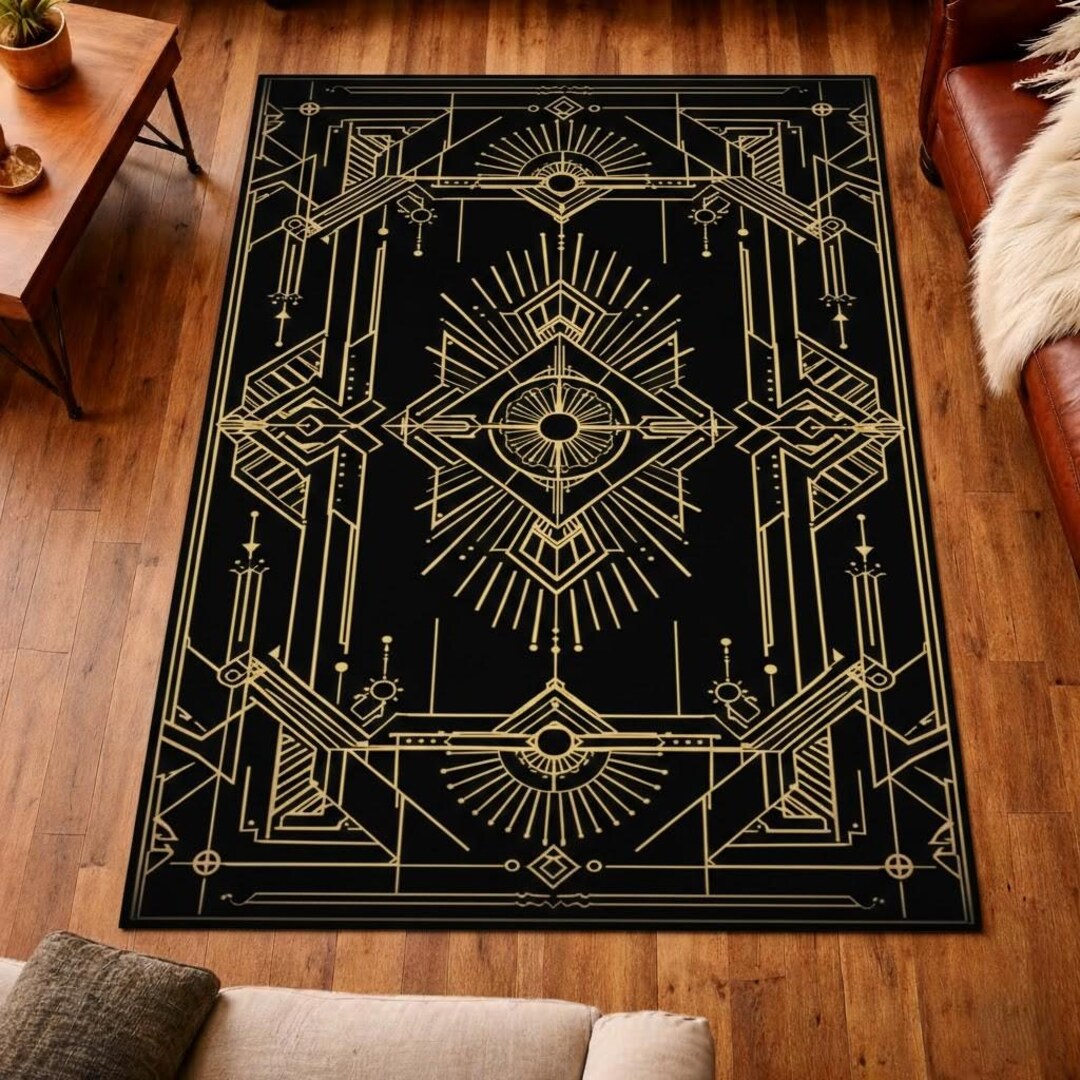 Black Gold Art Deco Geometric Rug, Modern Luxury Living Room Carpet - Etsy
