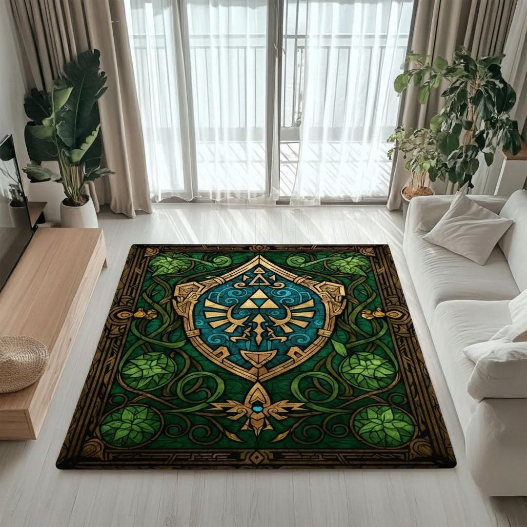 Zelda Triforce Rug: Green & Gold Hyrule Gaming Room Carpet - Etsy