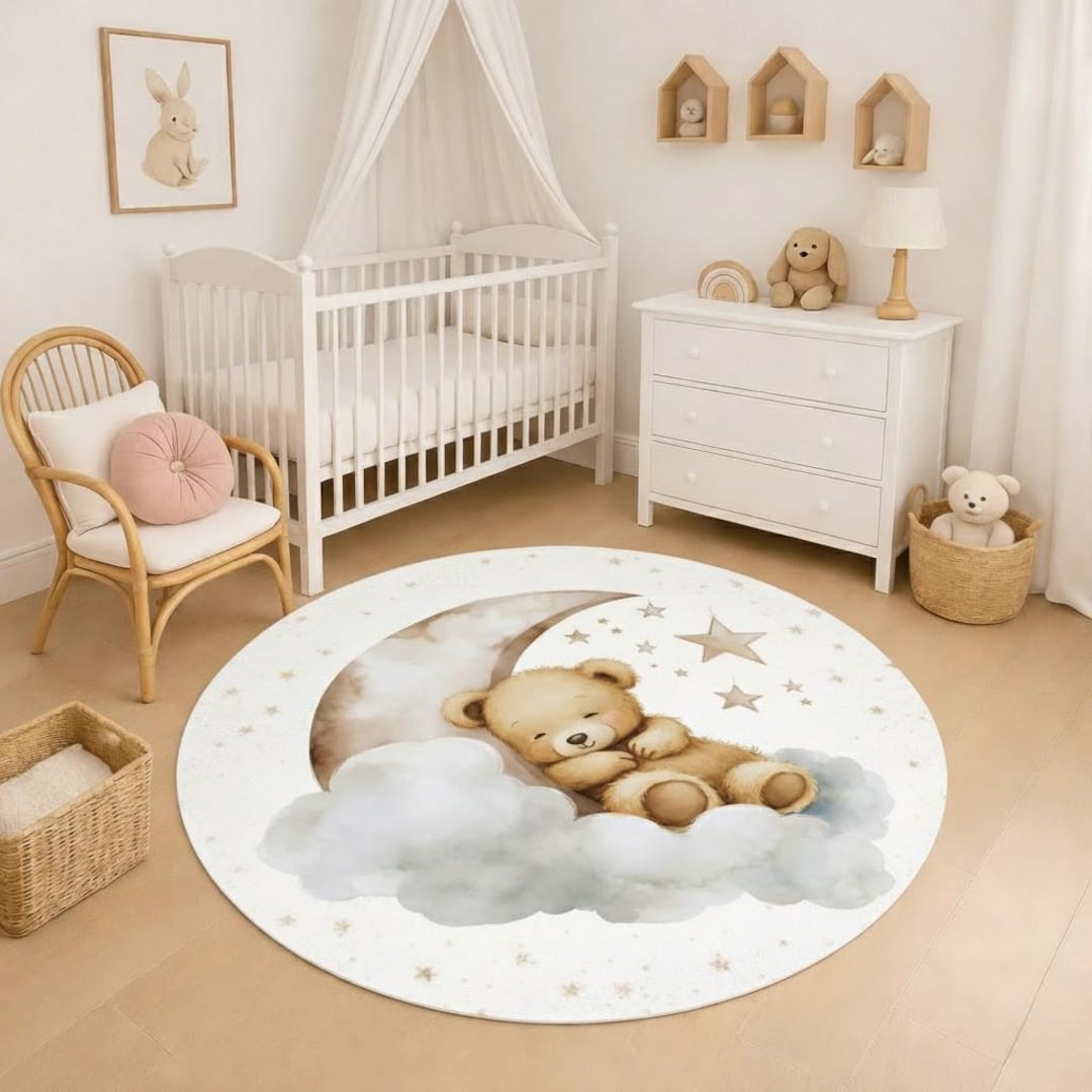 Round Teddy Bear Nursery Rug, Baby Moon Bear Rug, Neutral Baby Room ...