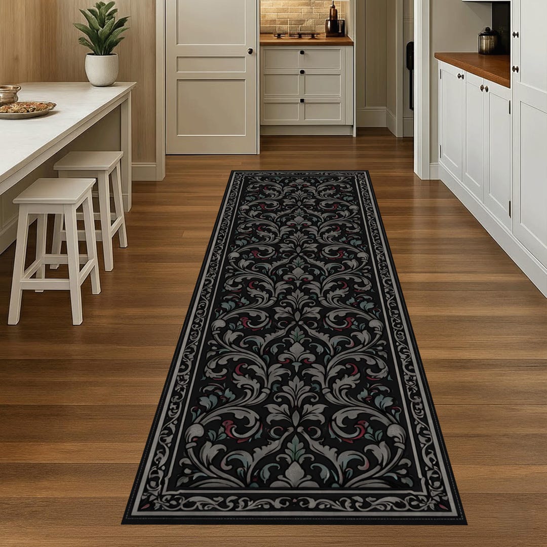 Gothic Damask Runner Rug Black Floral Ornamental Victorian Kitchen ...