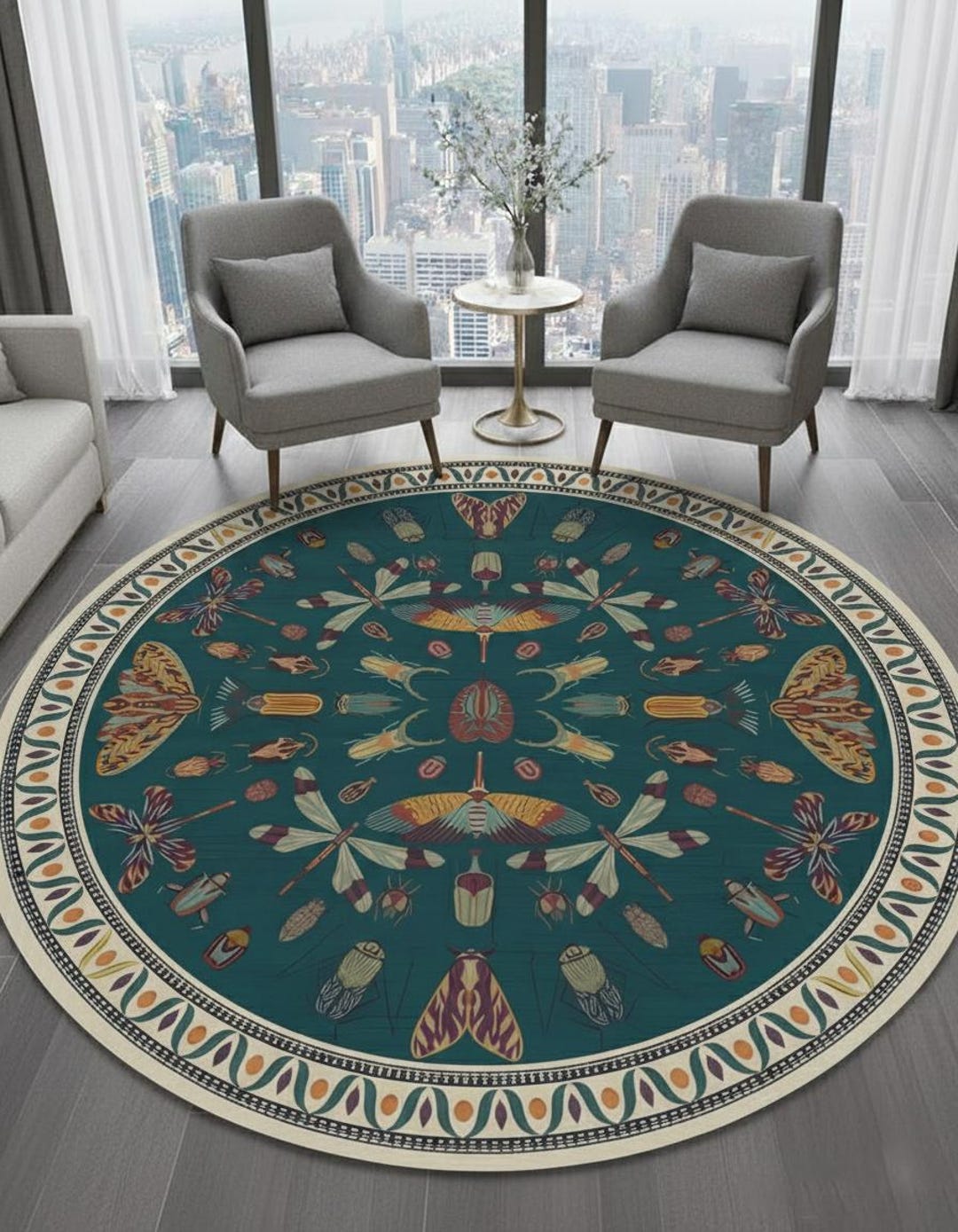 Teal Insect Mandala Round Rug: Boho Botanical Moth & Butterfly Carpet ...
