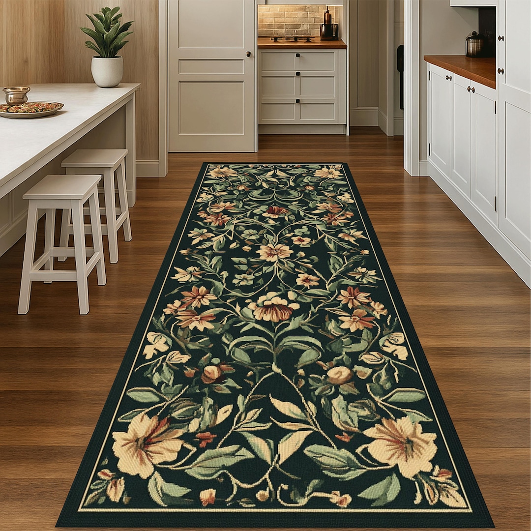 Green Floral Botanical Runner Rug, Classic Vintage Hallway Carpet - Etsy