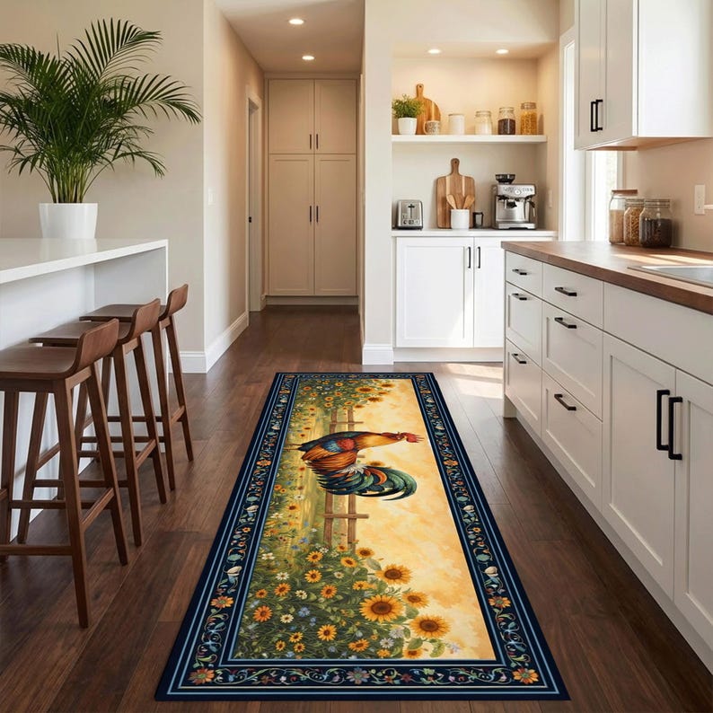 Rooster Sunflower Runner Rug, Farmhouse Kitchen Hallway Country Decor ...
