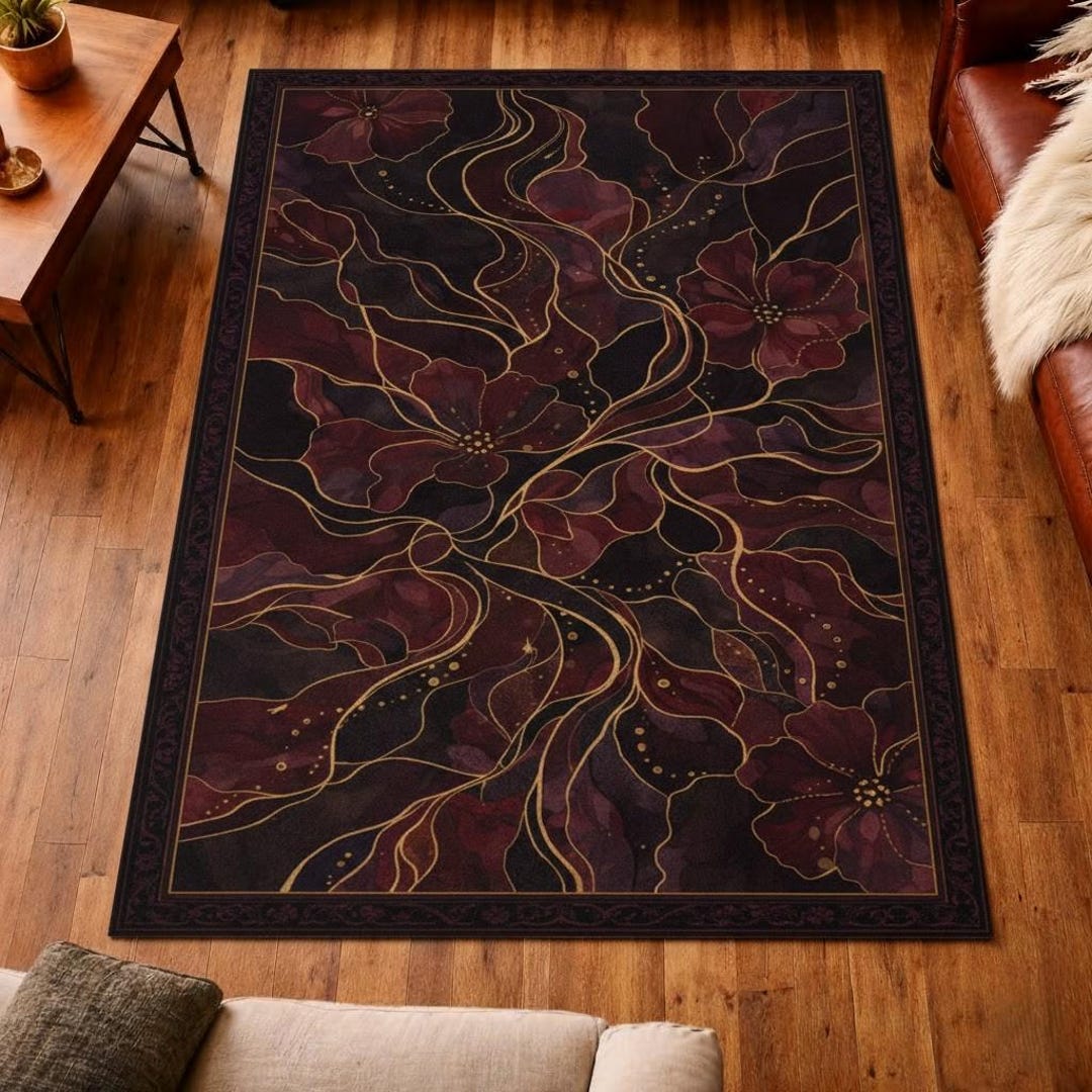 Dark Abstract Floral Area Rug, Burgundy Gold Line Art Rug, Elegant ...